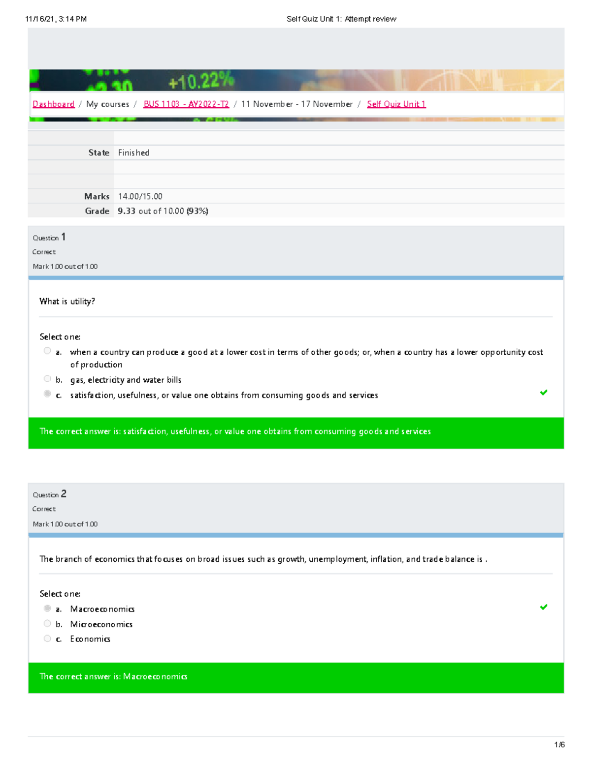 Self Quiz Unit 1 Attempt review - State Finished Marks 14/15. Grade 9 ...