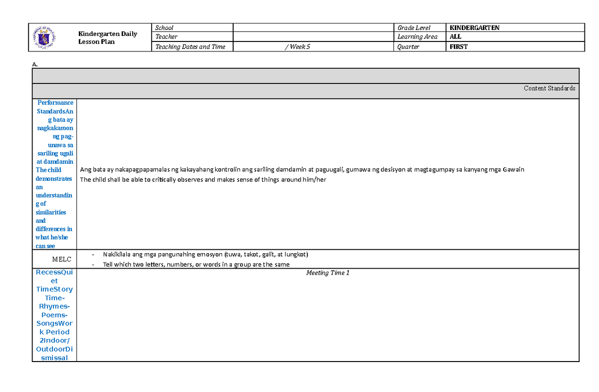 Kinder-New-DLL week5 day5 - Kindergarten Daily Lesson Plan School Grade ...