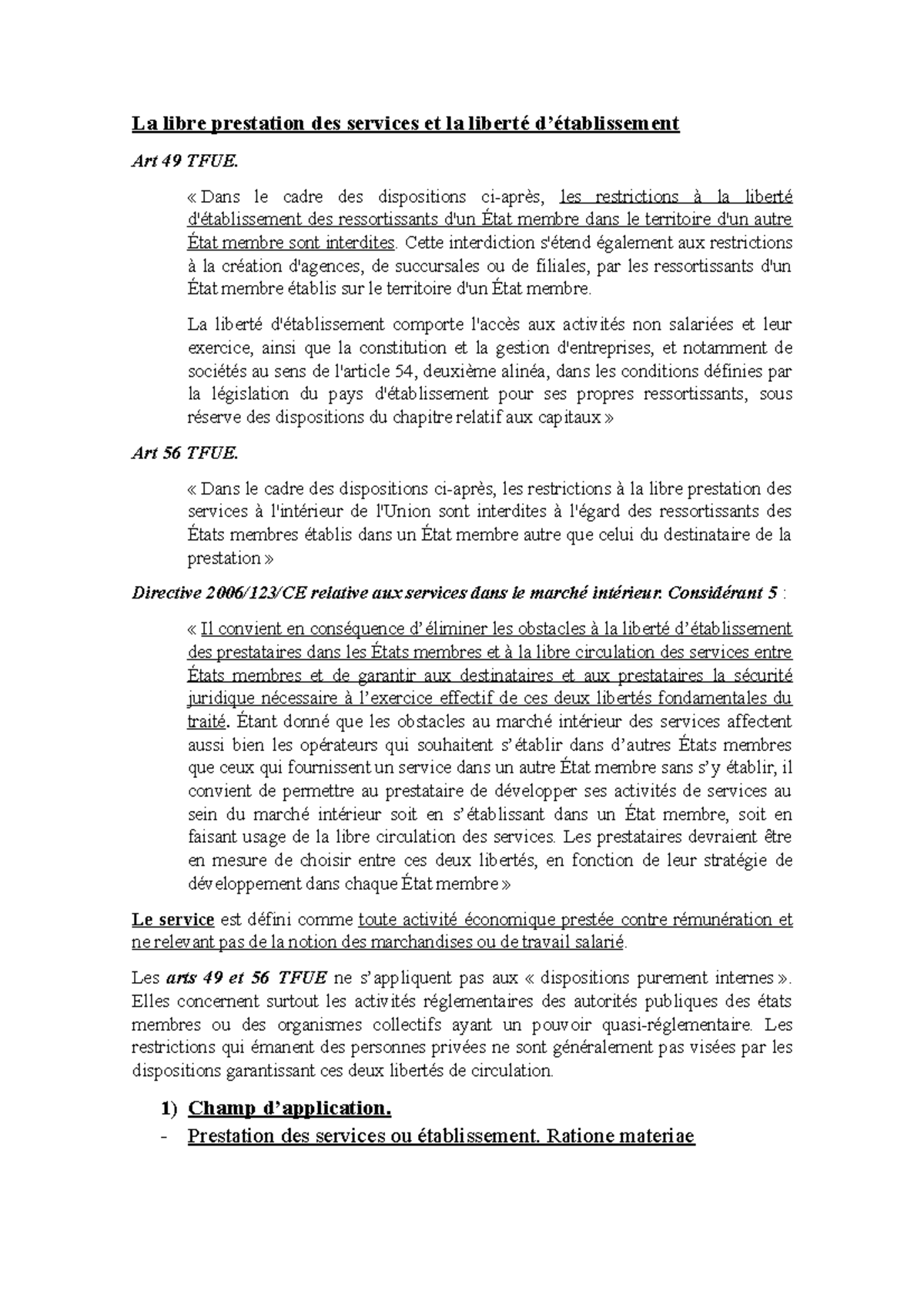 L. C. Établissement et Prestation des services - La libre prestation ...