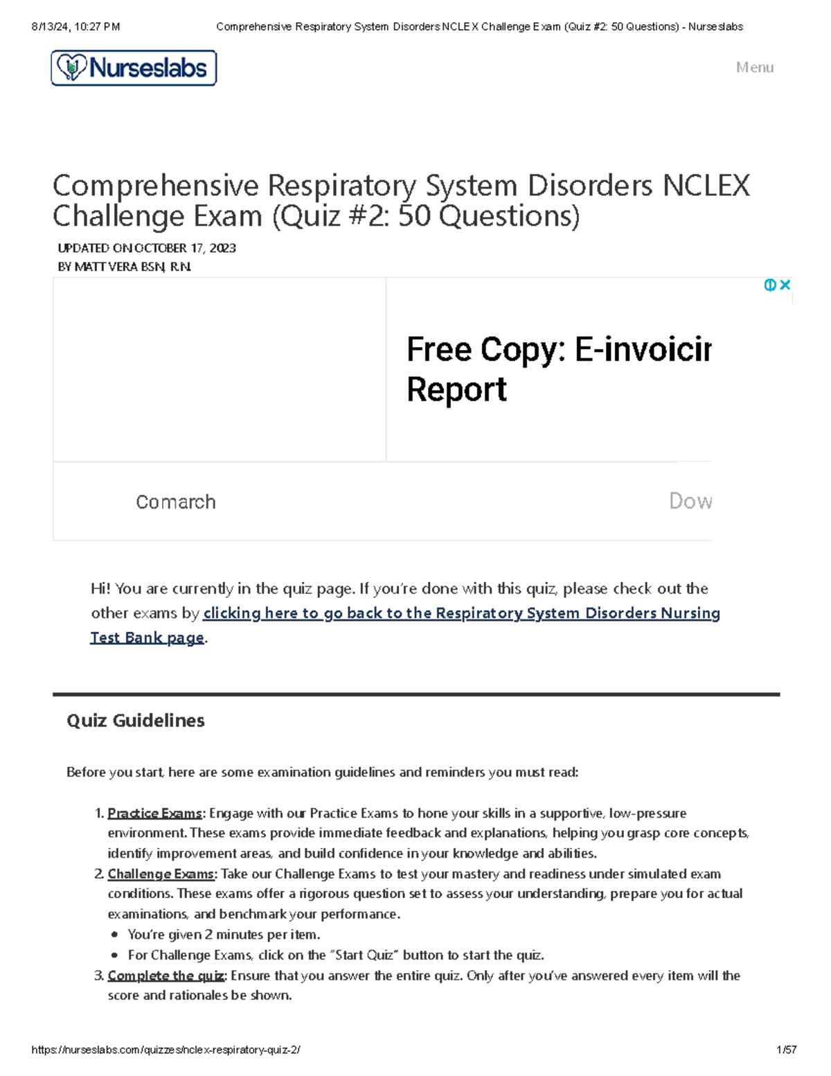 Comprehensive Respiratory System Disorders Nclex Challenge Exam (Quiz ...
