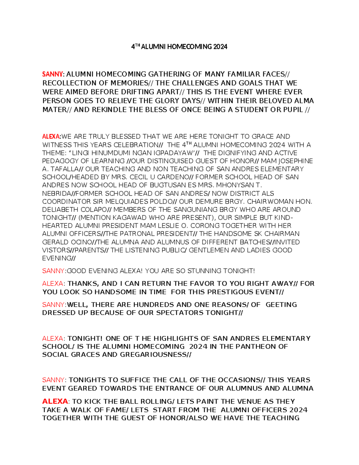 Alumni Script 2024 - 4 TH ALUMNI HOMECOMING 2024 SANNY: ALUMNI ...