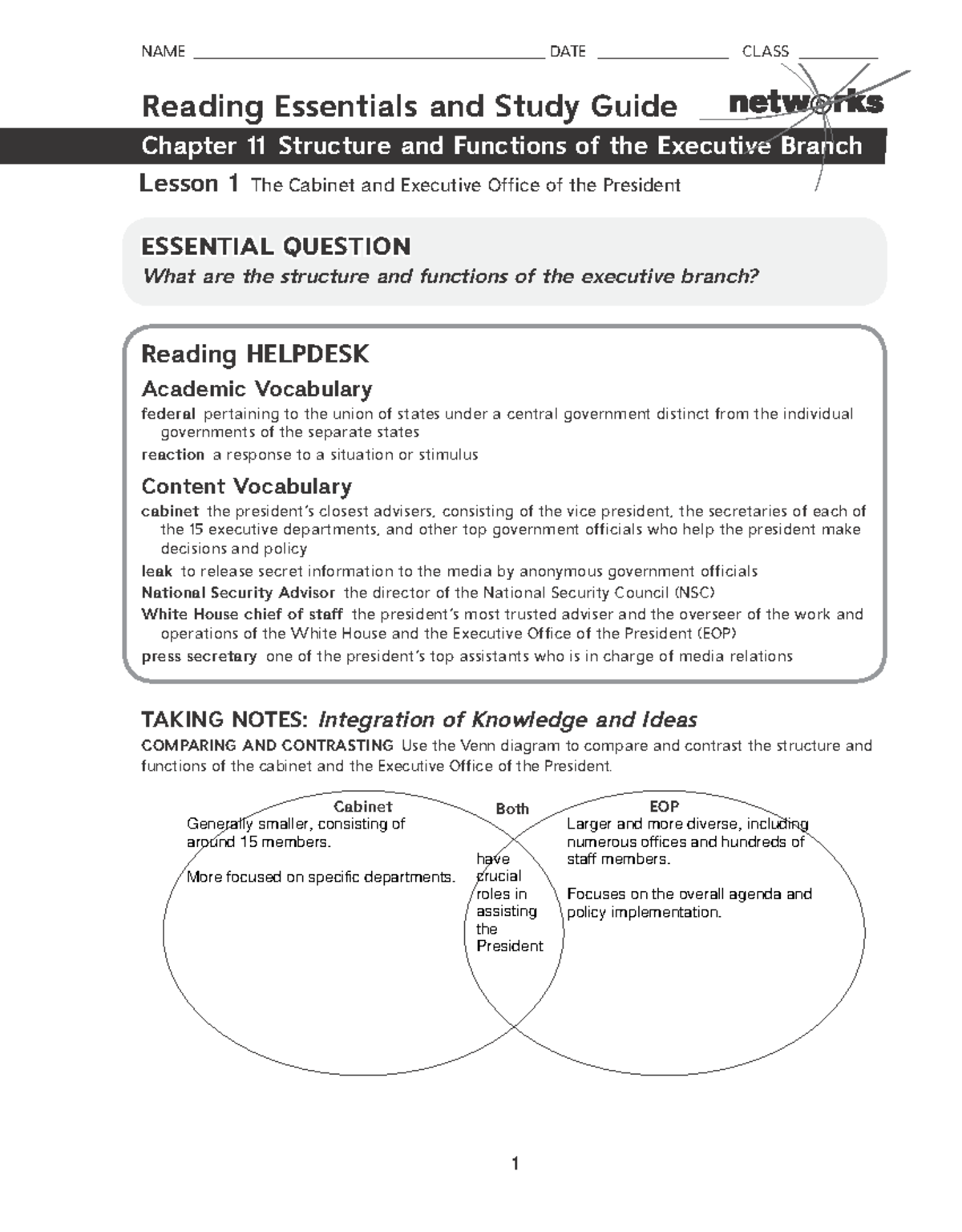 Reading Essentials and Study Guide, The Cabinet and Executive Office of ...