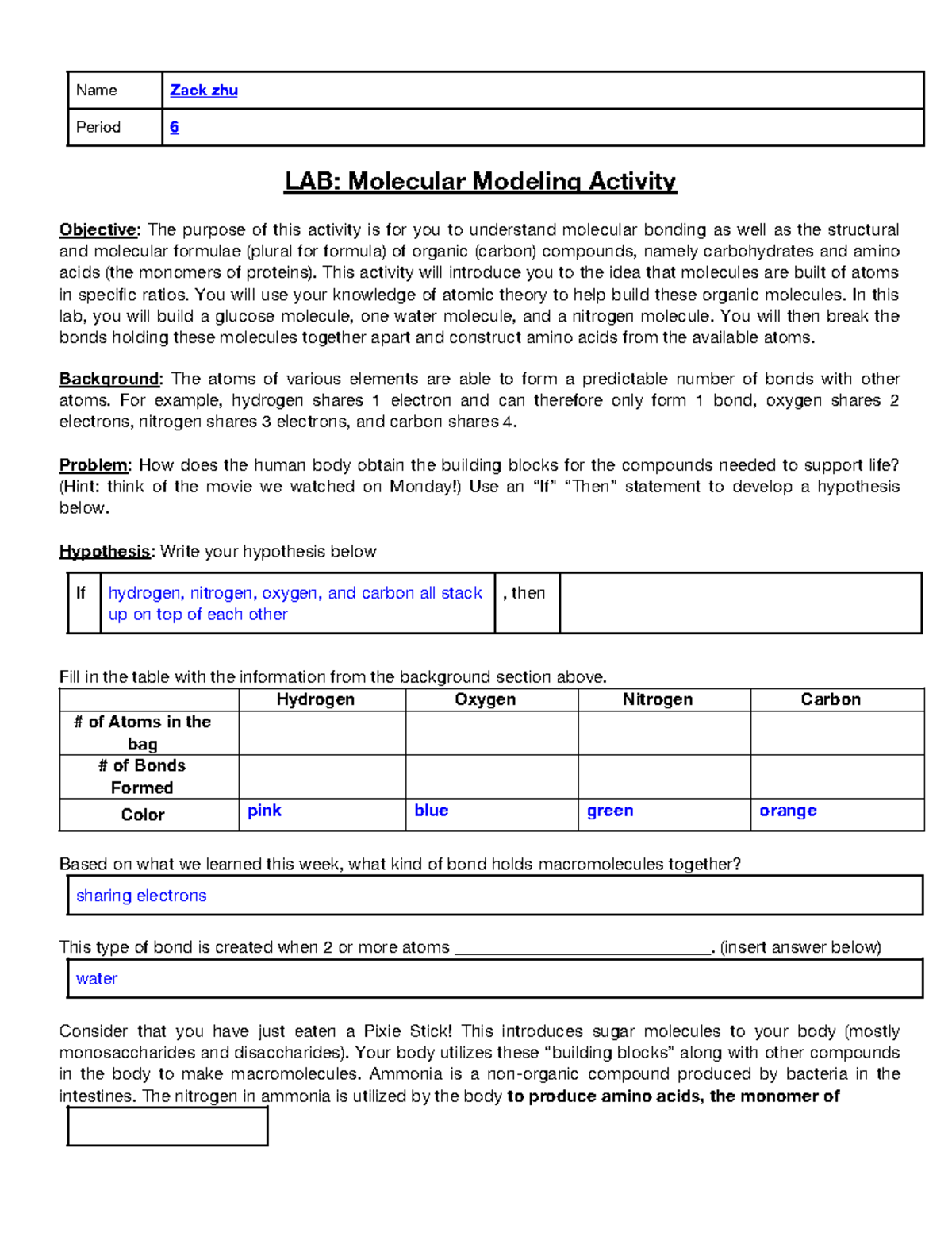 Copy Organic Molecule Modeling Activity - ####### Name Zack zhu ...