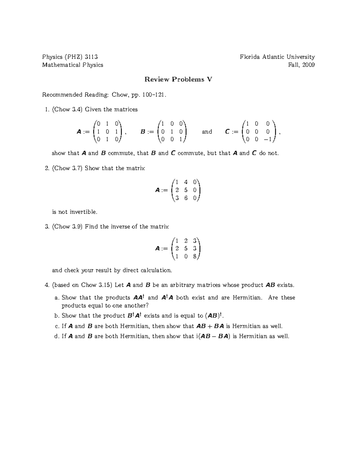 Review Problems 5 - Physics (PHZ) 3113 Florida Atlantic University Mathematical Physics Fall ...