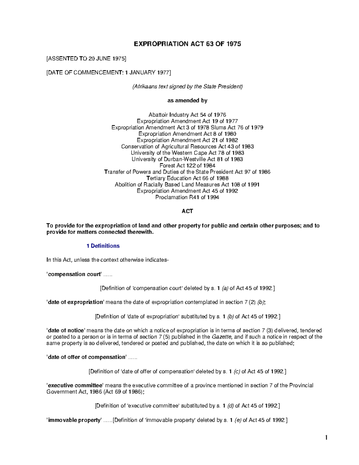Expropriation Act 63 of 1975 - EXPROPRIATION ACT 63 OF 1975 [ASSENTED ...