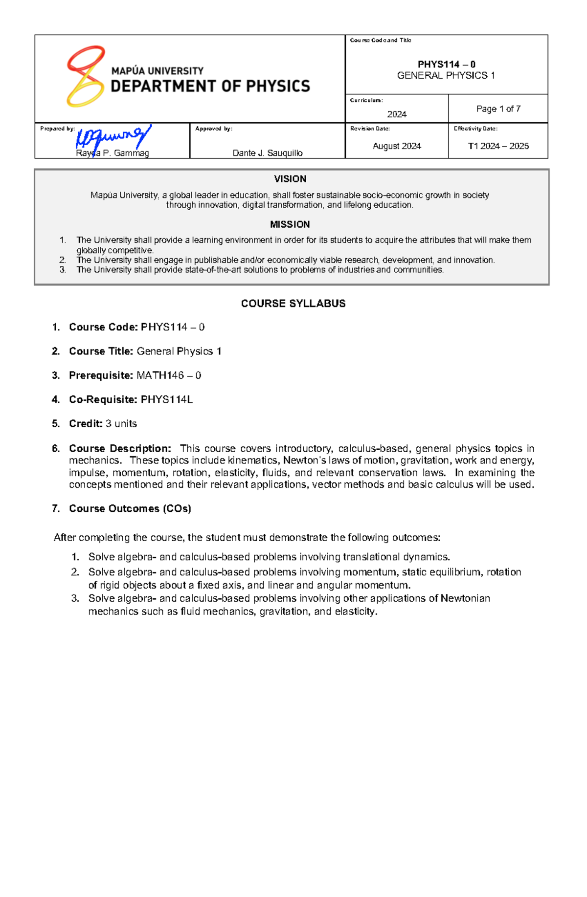 PHYS114-0 1T2425 Syllabus - Course Code and Title PHYS 114 – 0 GENERAL ...