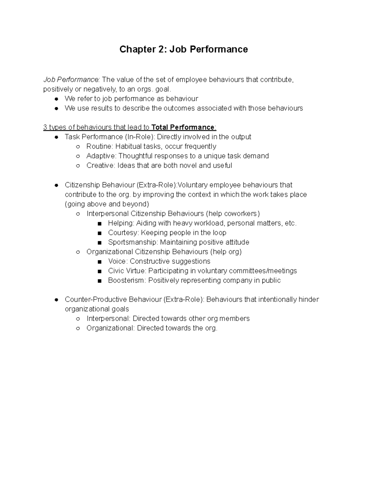 ADM 2336 OB Full Lecture Notes - Chapter 2: Job Performance Job ...