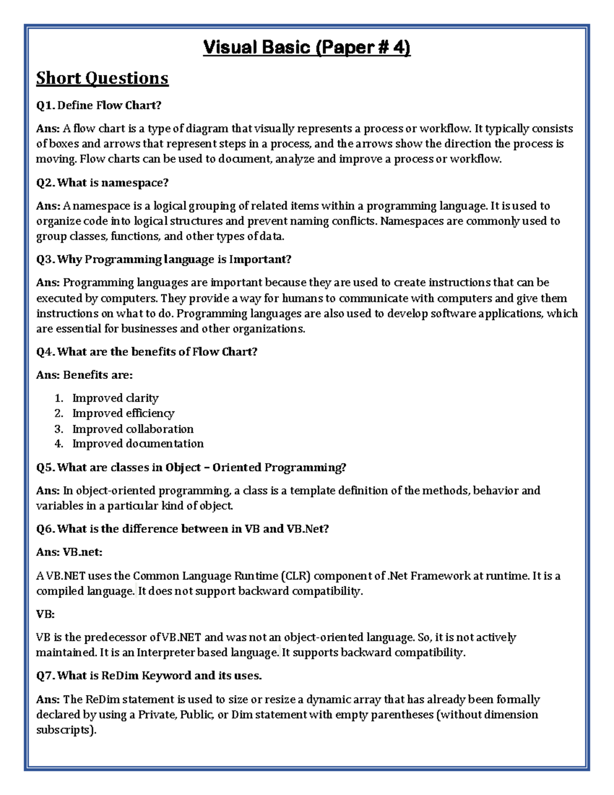 Paper 4 ( Visual Basic. NET) - Visual Basic (Paper # 4 ) Short ...