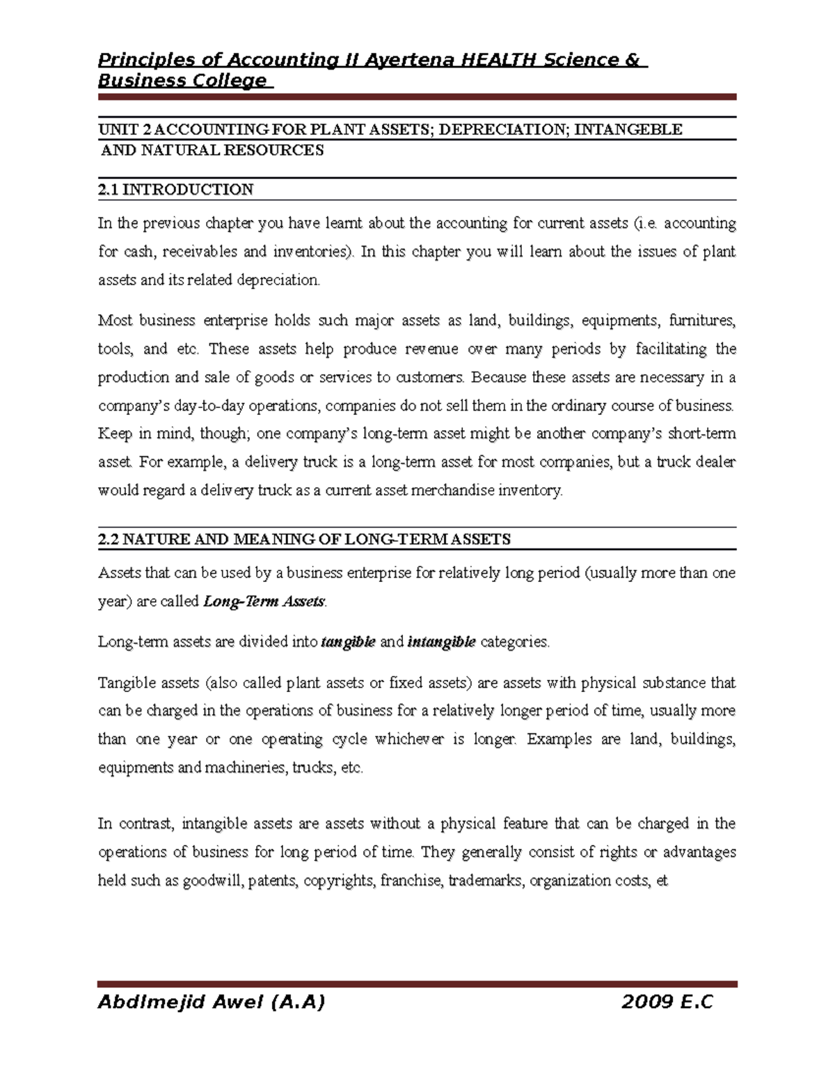 Unit 2 Accounting for plant Assets-1 2 - Business College UNIT 2 ...