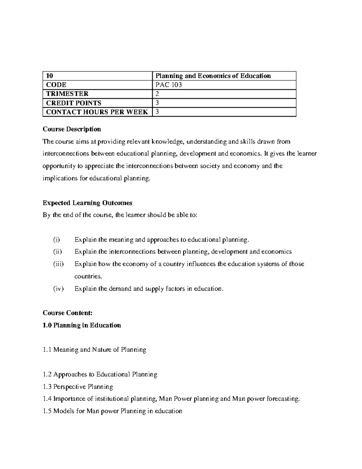 PAC 103 Planning and Economics of Education - 10 Planning and Economics ...