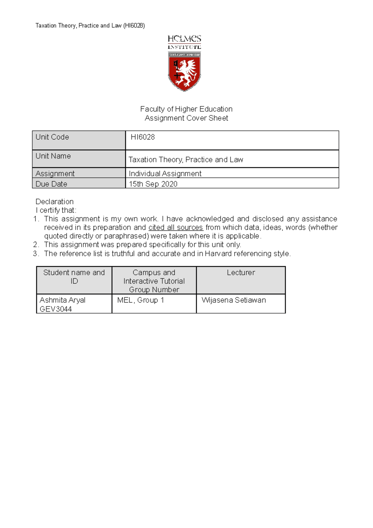 Individual Assignment HI6028 -GEV3044 - Faculty of Higher Education ...