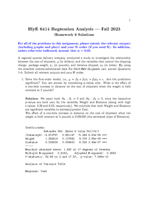 6414 hw7 F23 Solutions - ISyE 6414 Regression Analysis — Fall 2023 Homework 7 Solutions For all ...