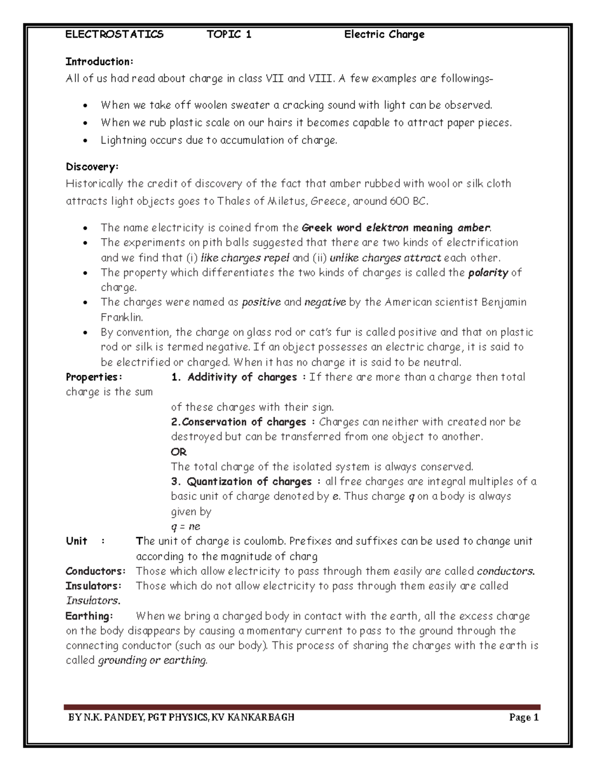 Electrostatics Notes - ELECTROSTATICS TOPIC 1 Electric Charge ...