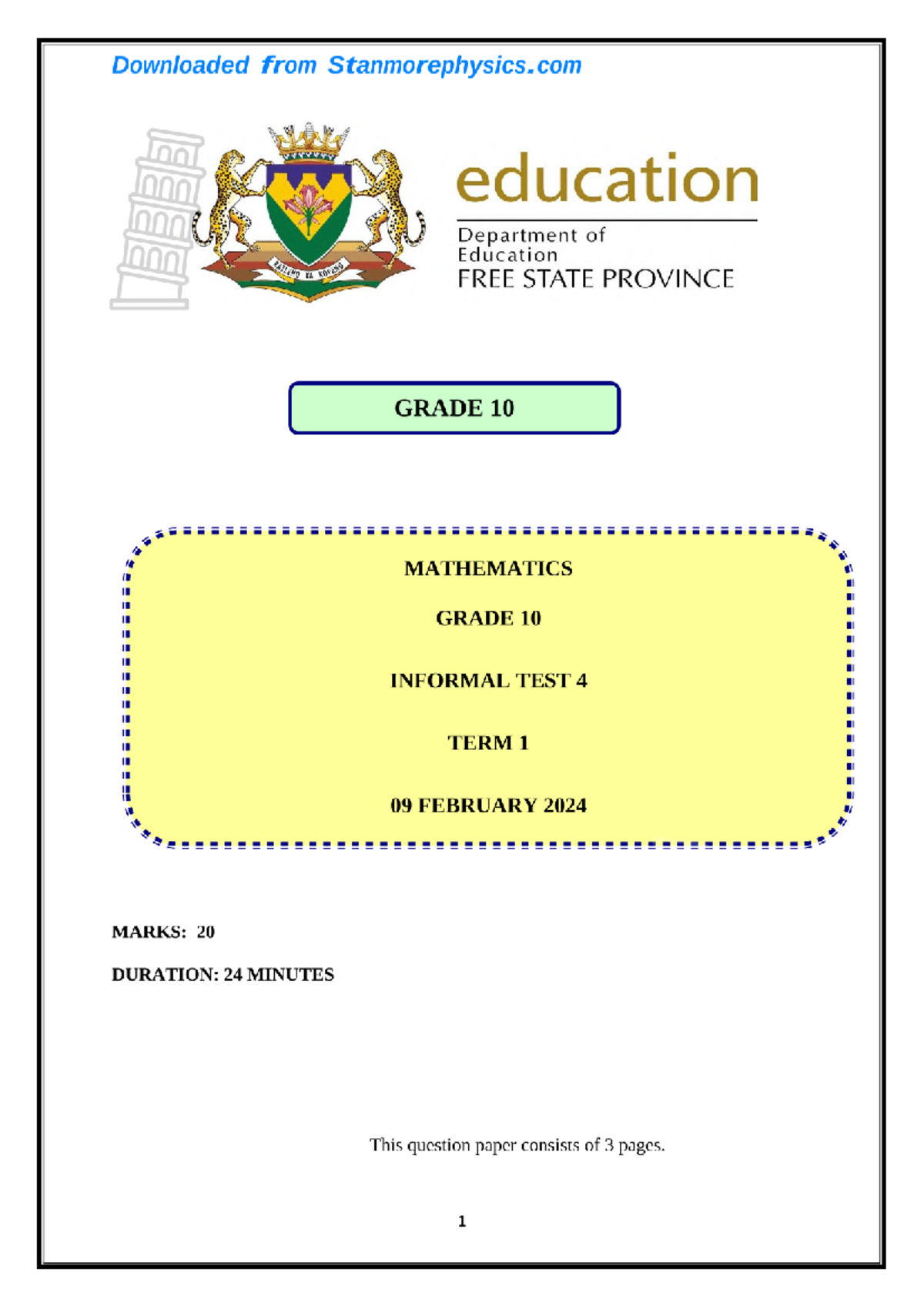 FS Maths Grade 10 TEST FEB 2024 QP and Memo - Studocu