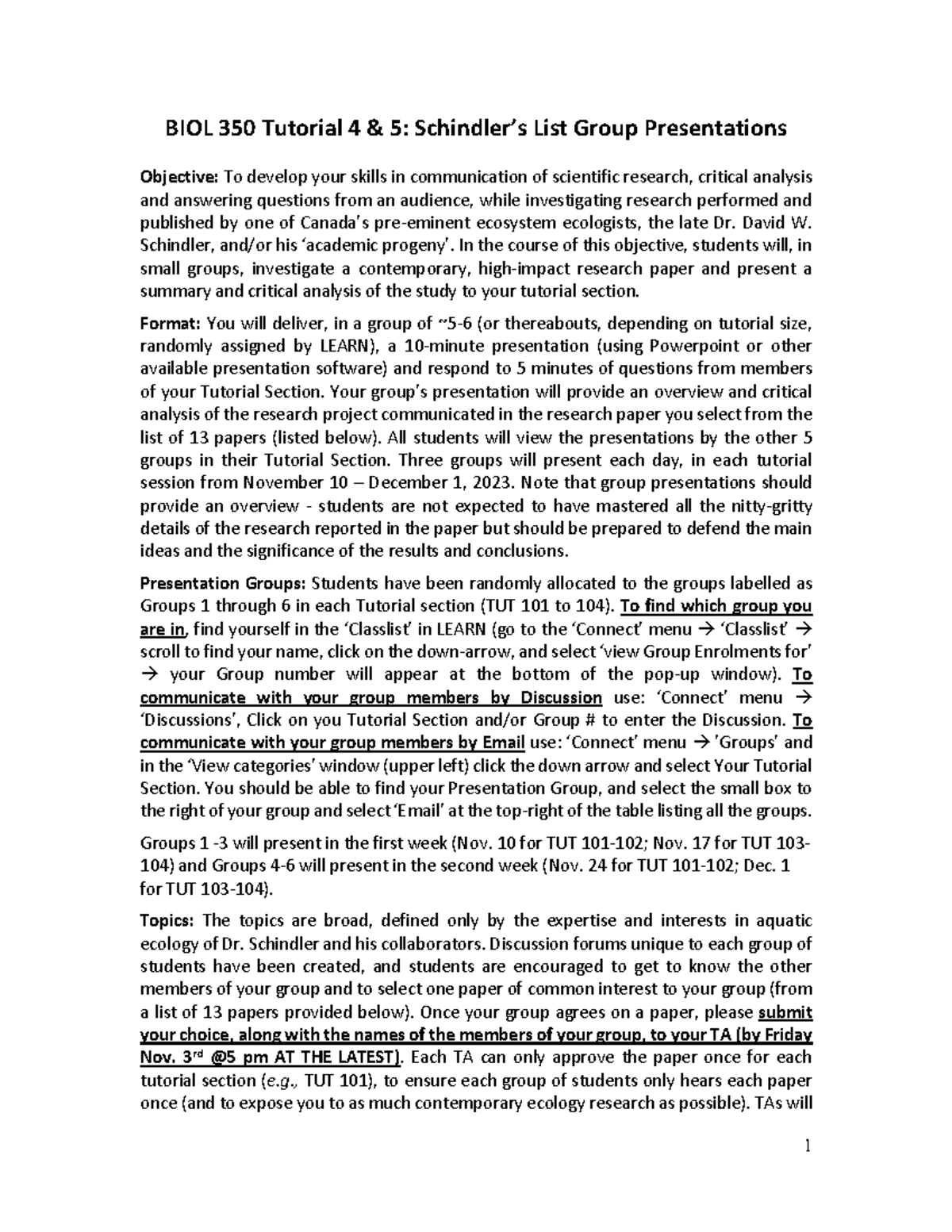 Tutorial 4 and 5 Group Presentations - Instructions - 1 BIOL 350 ...