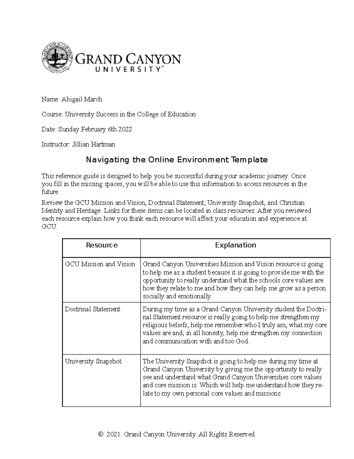 Navigating the Learning Environment Completed Assignment - Name ...