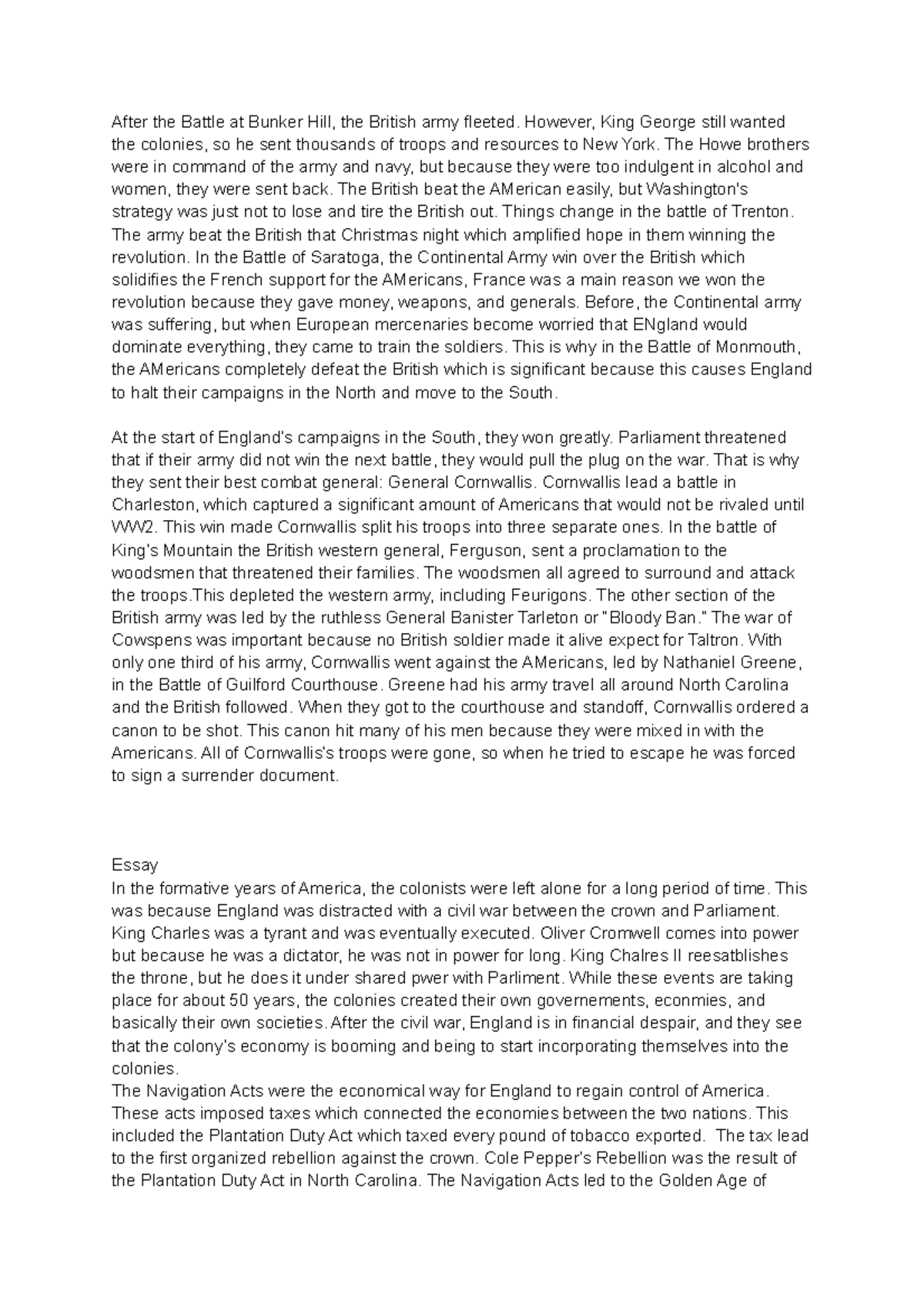 Test 3 Essay Exam - After the Battle at Bunker Hill, the British army ...