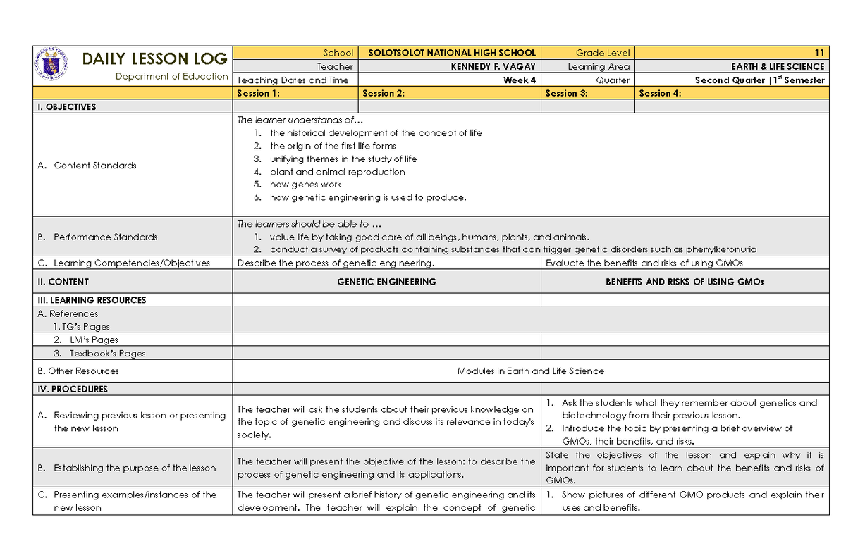 DLL ELS Quarter 2 WEEK 4 - DAILY LESSON LOG Department of Education ...