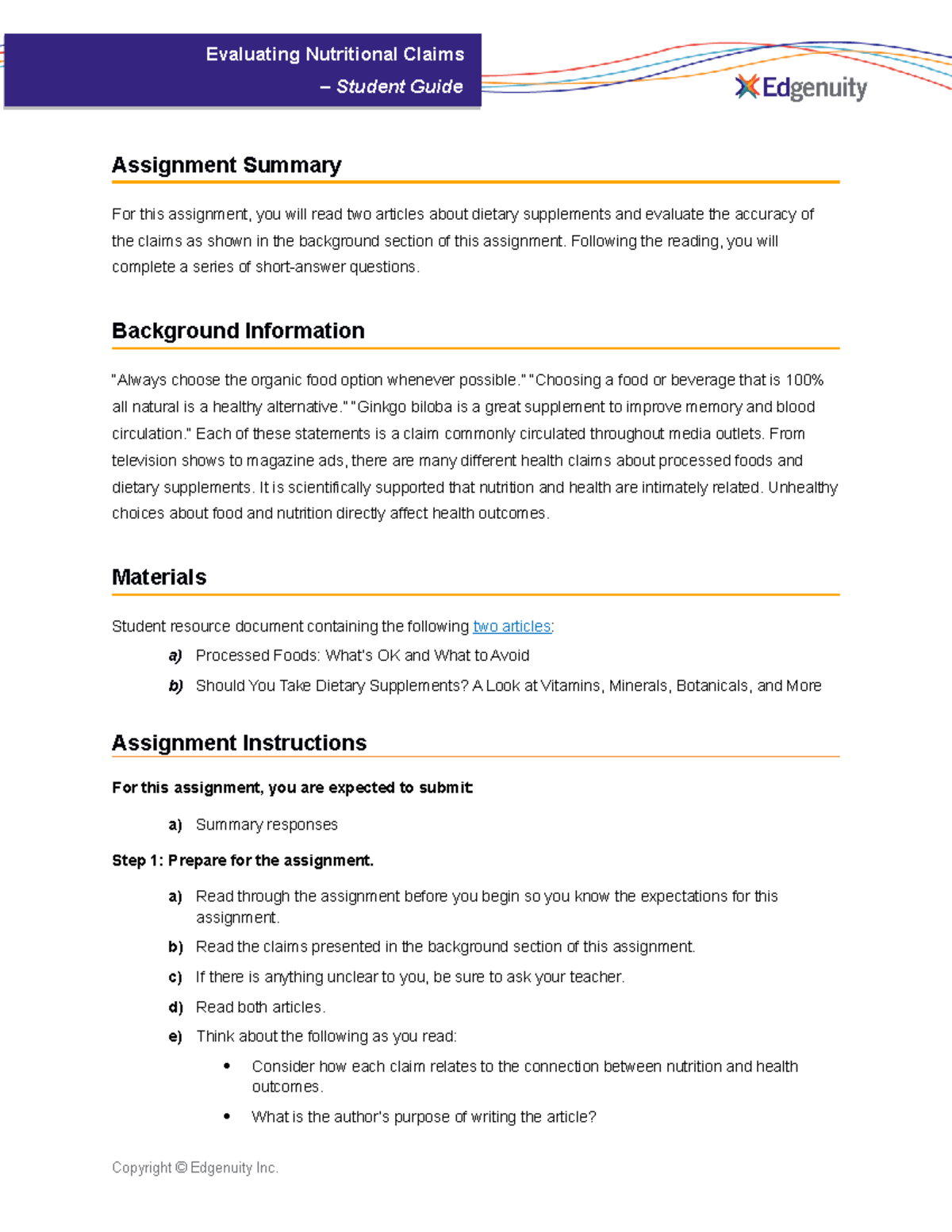Project Nutritional Claims student guide - Assignment Summary For this ...