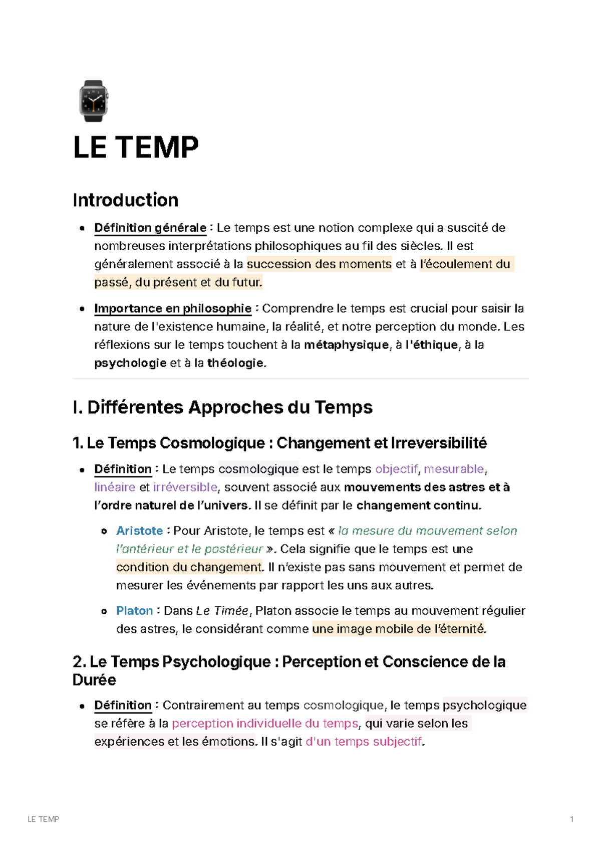 Philo LE TEMP - fiche - ⌚ LE TEMP Introduction Définition générale Le ...