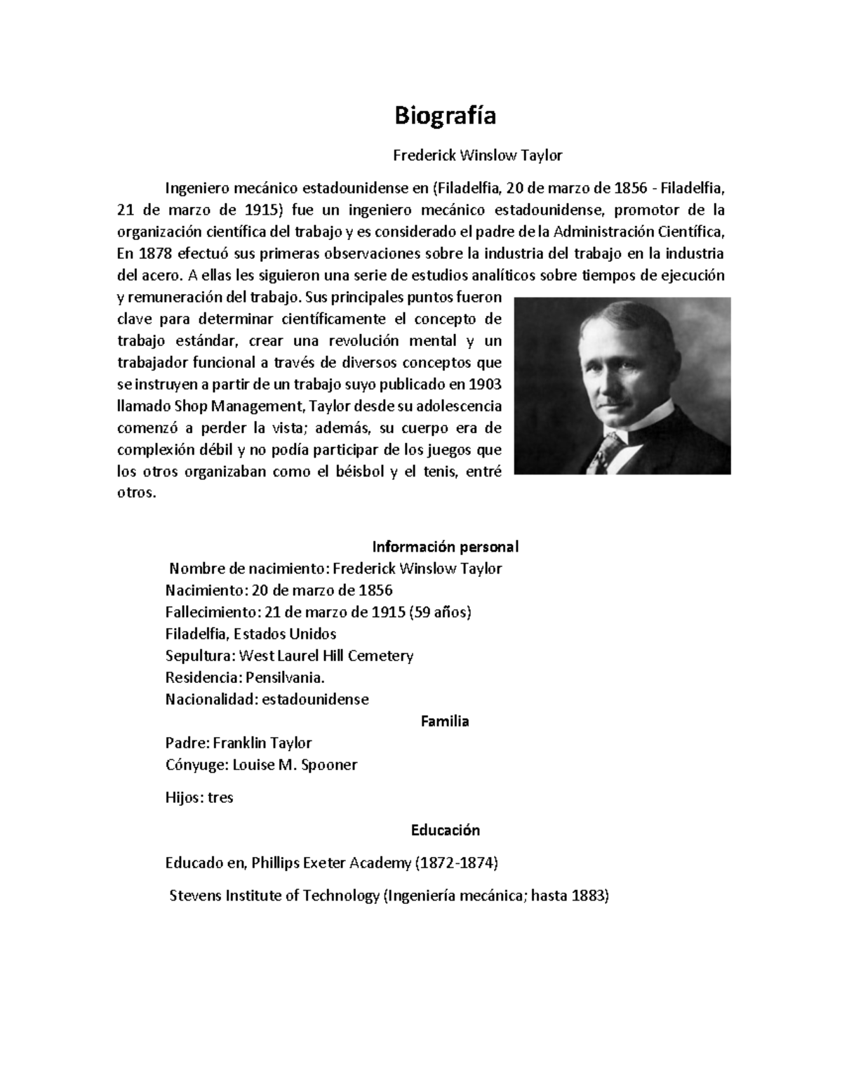 Biografía del autor - DZDZD - Biografía Frederick Winslow Taylor ...