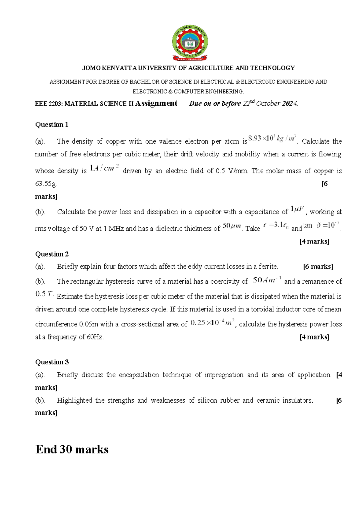 2024 EEE2203 Assignment - JOMO KENYATTA UNIVERSITY OF AGRICULTURE AND ...