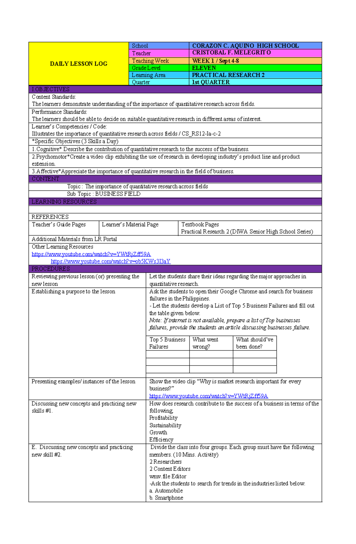 Sample-CO-Lesson-Plan - DAILY LESSON LOG School CORAZON C. AQUINO HIGH ...