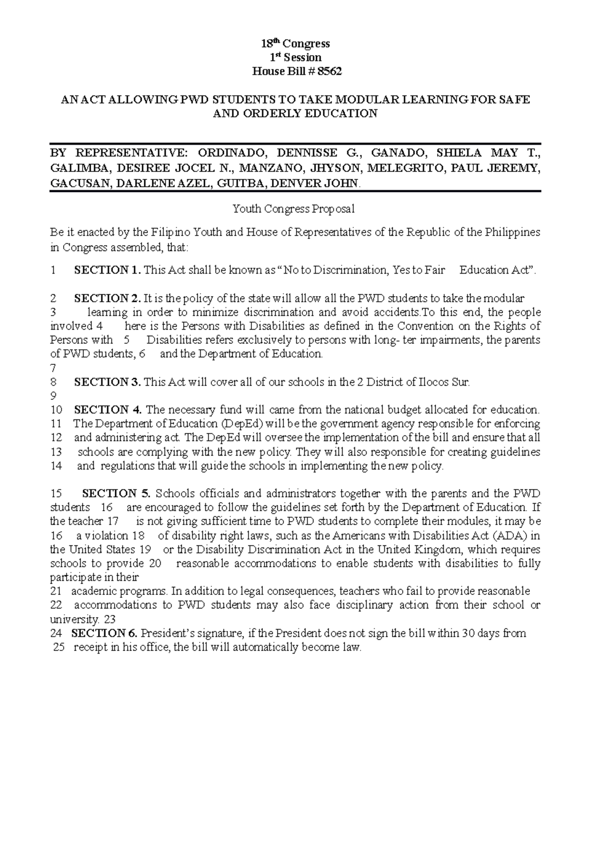 Housde BILL 8562 - ddd - 18 th Congress 1 st Session House Bill # 8562 ...
