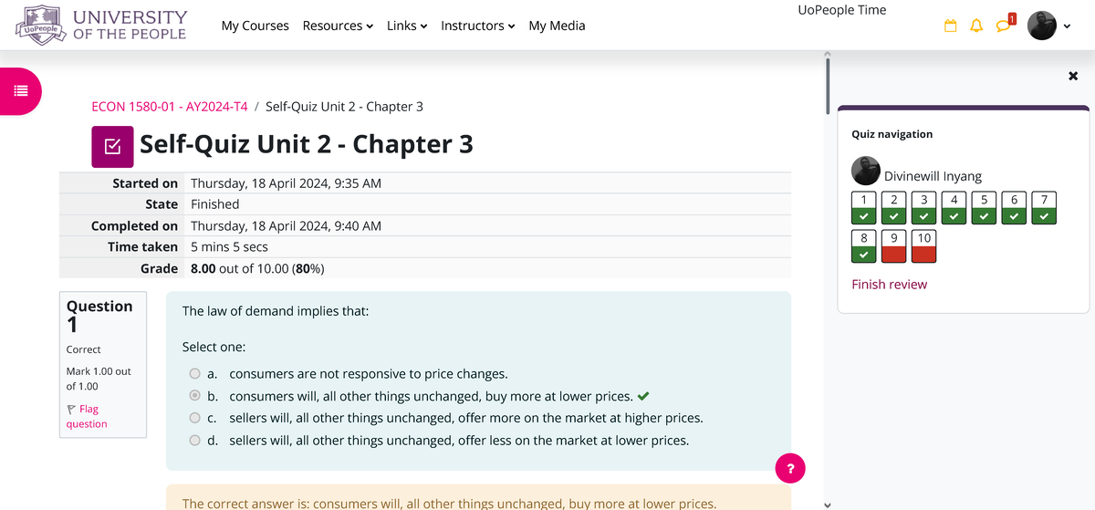 Self-Quiz Unit 2 - Chapter 3 Attempt review Home - Quiz navigation Divinewill Inyang Finish ...