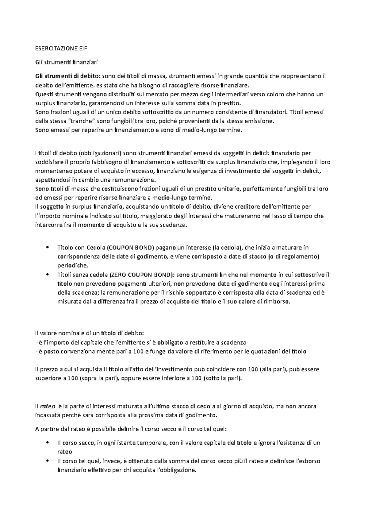Esercitazioni eif - ESERCITAZIONE EIF Gli strumenti finanziari Gli ...