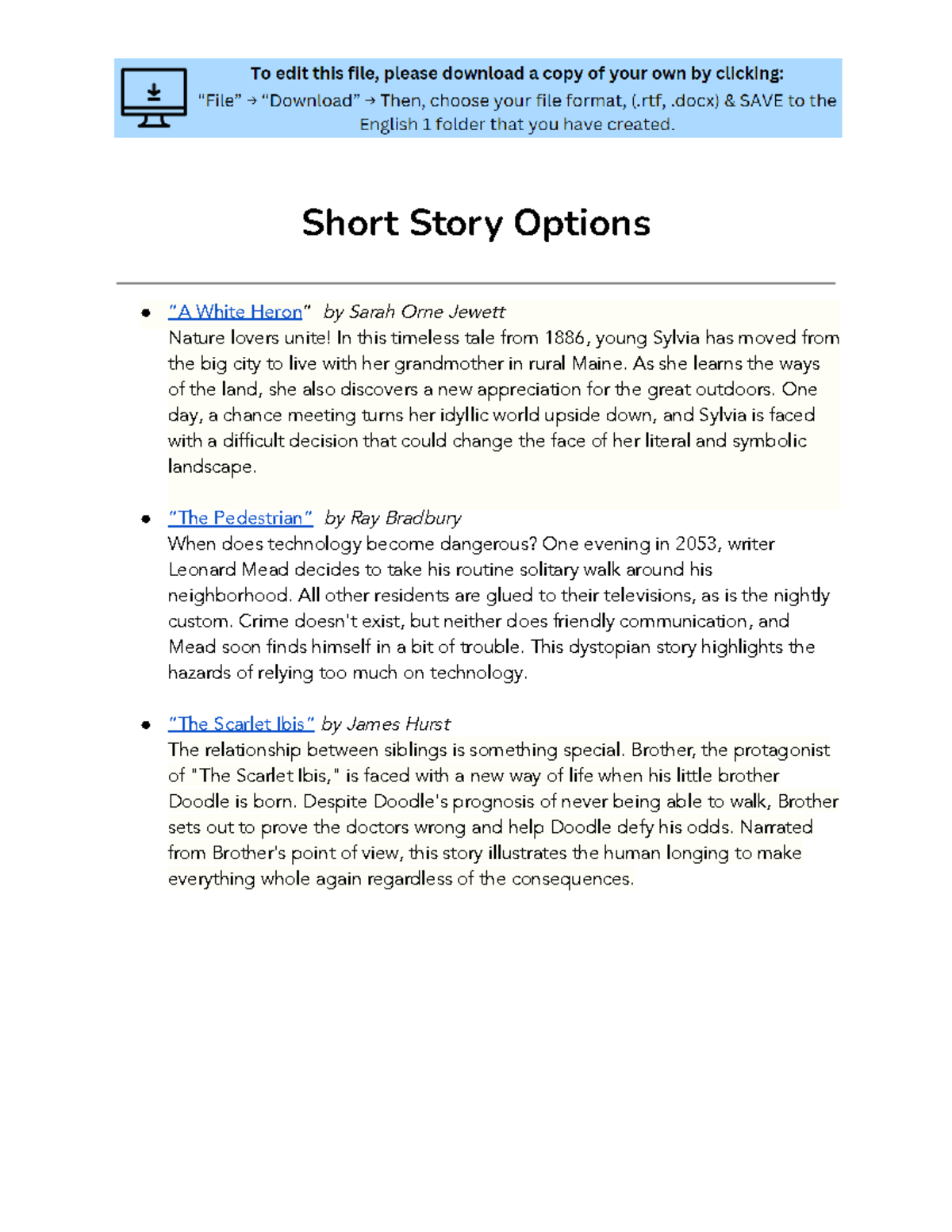Module 1 Story Options - Fhjj - Short Story Options ”A White Heron” by ...