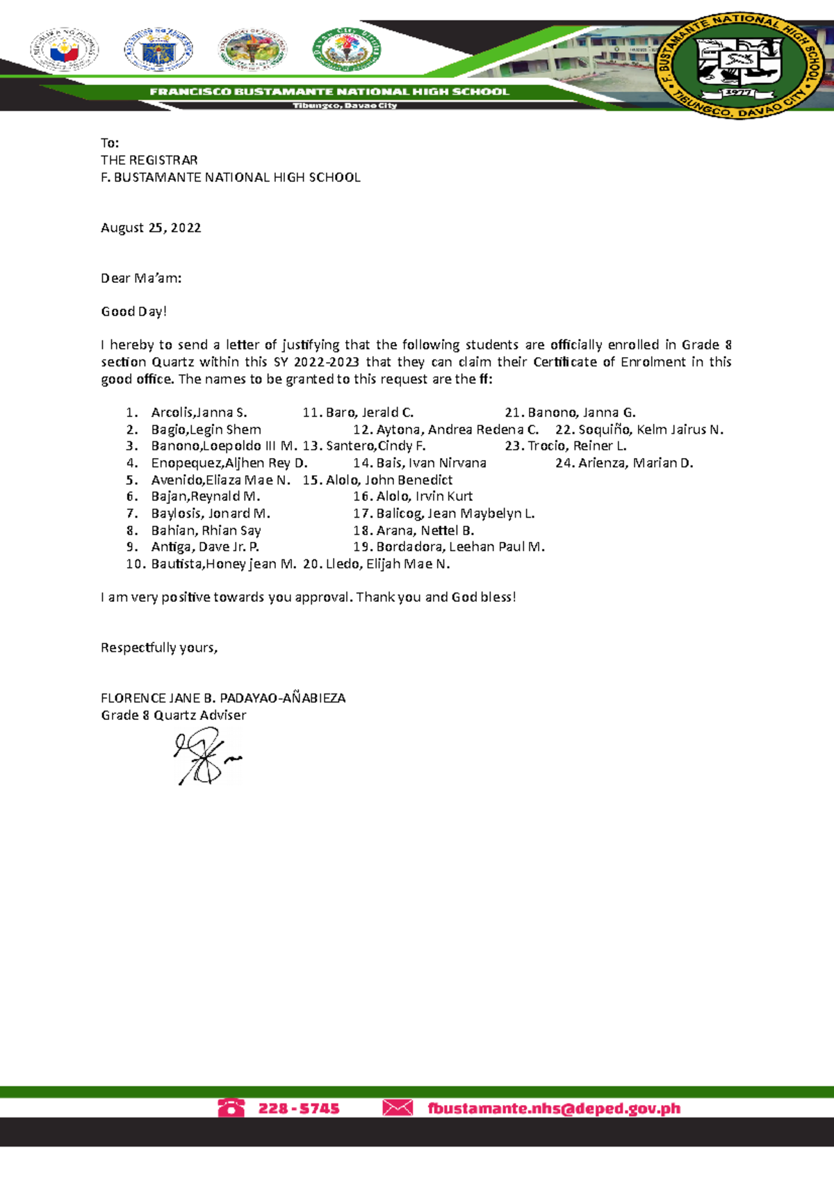 Letter for DSWD - resolution - To: THE REGISTRAR F. BUSTAMANTE NATIONAL ...