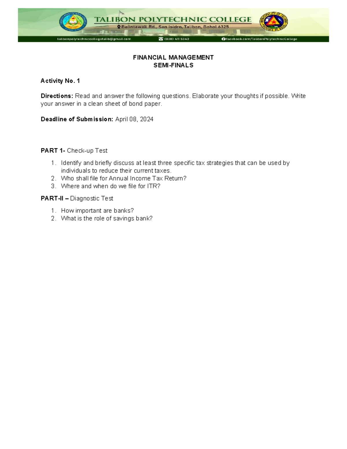 Activity-no-1 060850 - FINANCIAL MANAGEMENT SEMI-FINALS Activity No. 1 ...