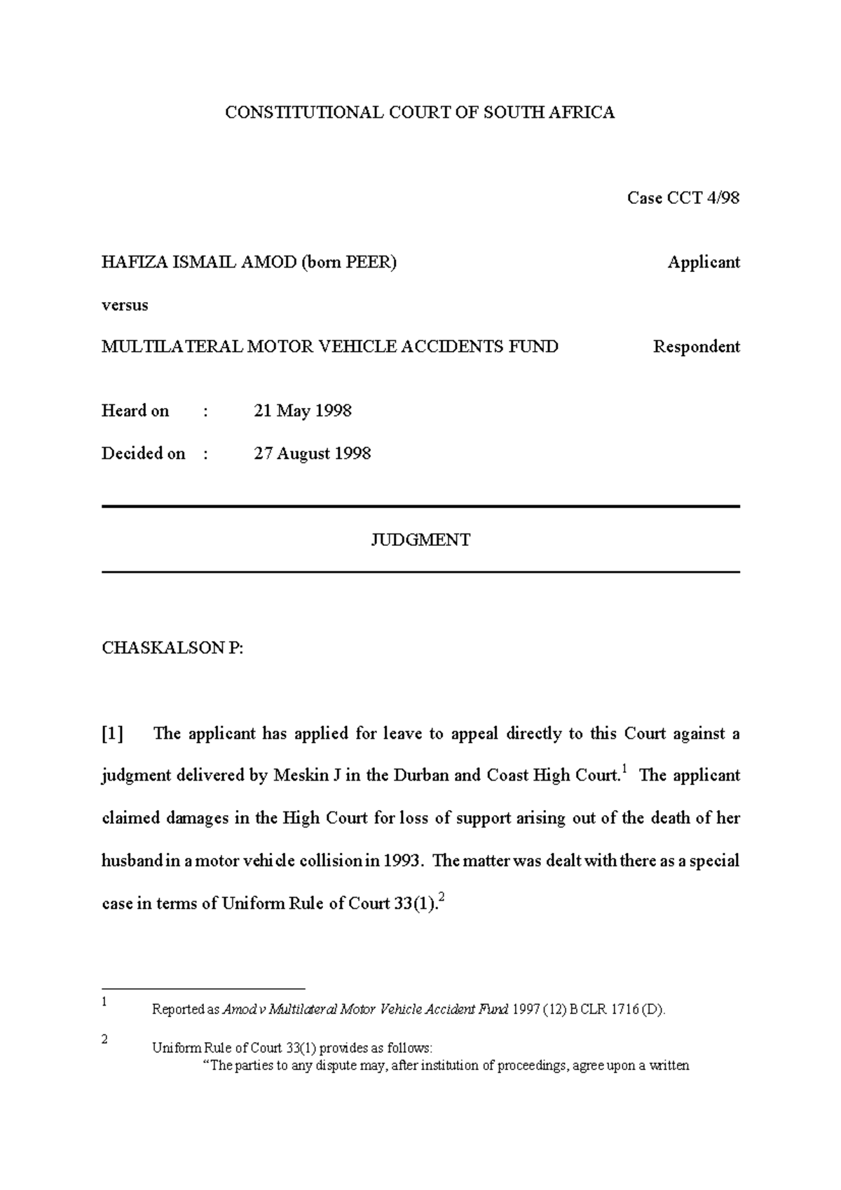 Amod case - case - CONSTITUTIONAL COURT OF SOUTH AFRICA Case CCT 4 ...