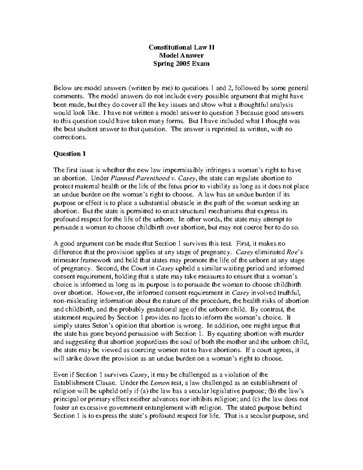 Con Law IIModel Answer S 05 - Constitutional Law II Model Answer Spring ...