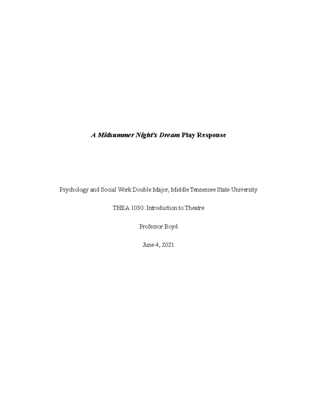 A Midsummer Night's Dream Play Response - A Midsummer Night’s Dream ...