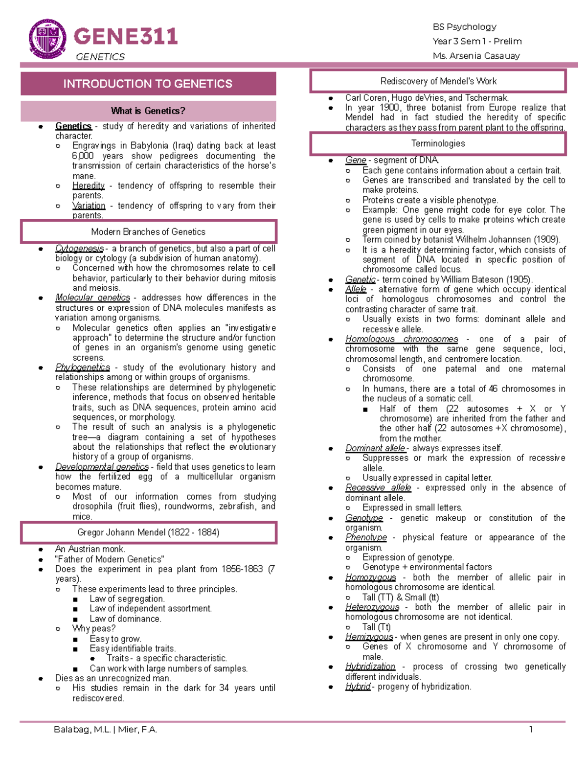 GENE311 Prelim Week 1 to 5 - GENE Year 3 Sem 1 - Prelim GENETICS Ms ...