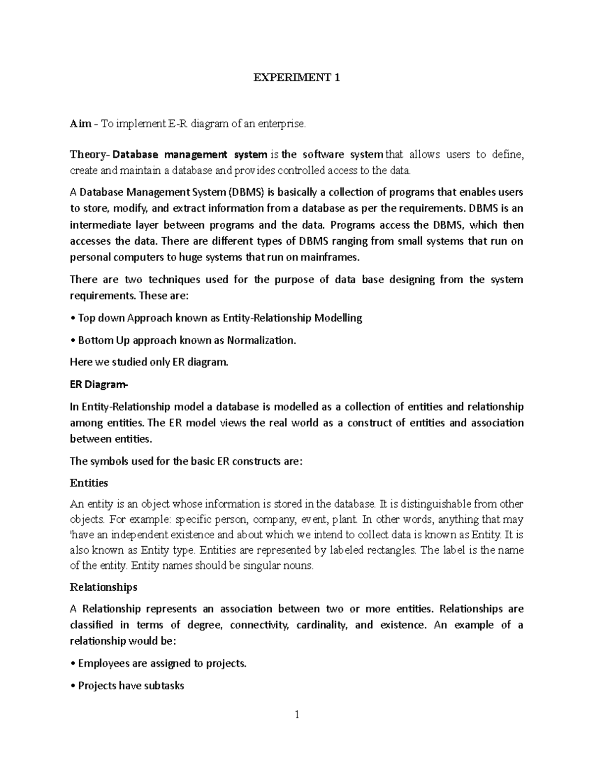 Dbms Exp 1 12 Answers Experiment 1 Aim To Implement E R Diagram Of An Enterprise Theory