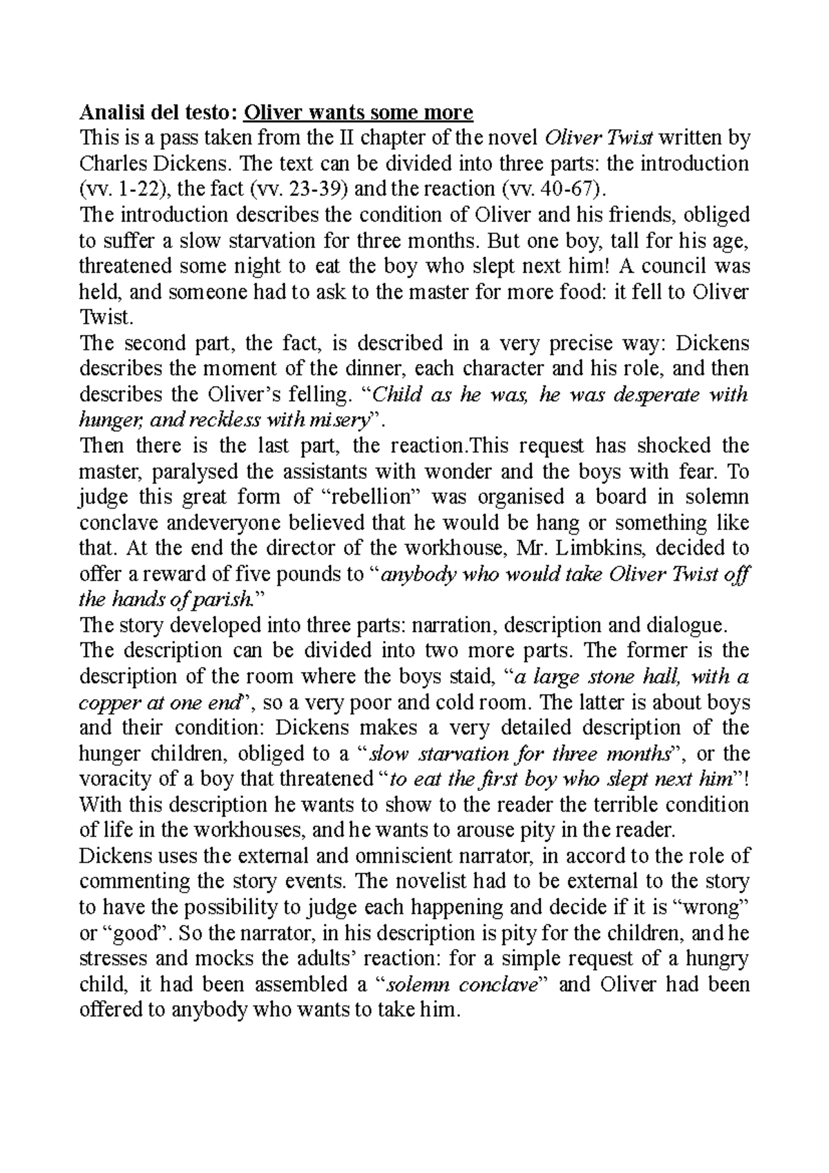 Analisi del testo Oliver wants some more - The text can be divided into ...