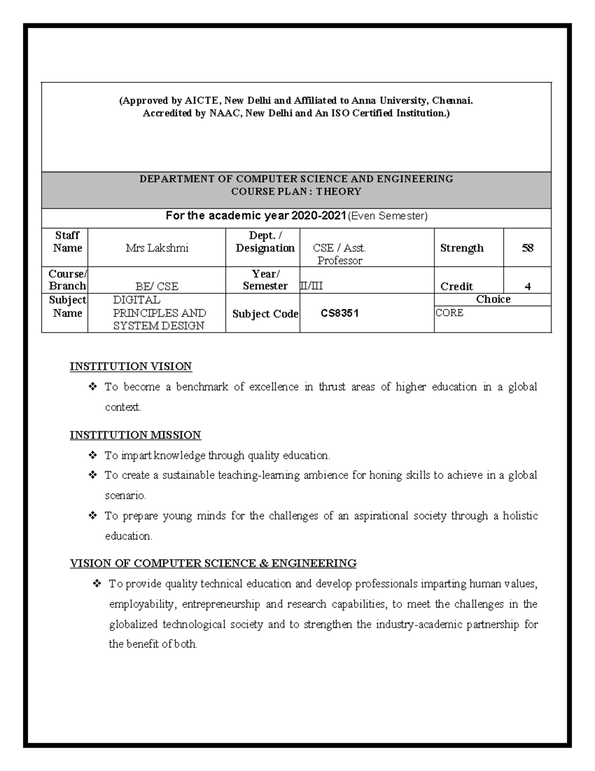 DPSD Lesson PLAN - (Approved by AICTE, New Delhi and Affiliated to Anna University, Chennai ...