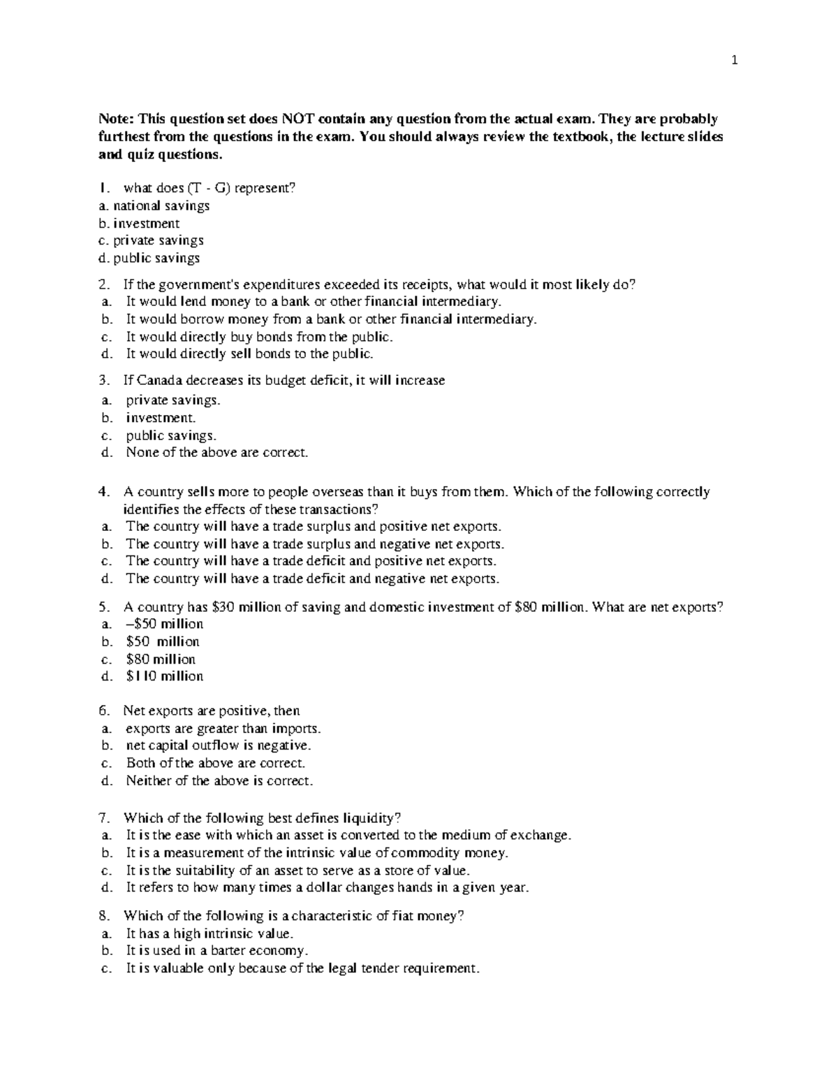 Final-Practice - Final exam practice paper - Note: This question set ...