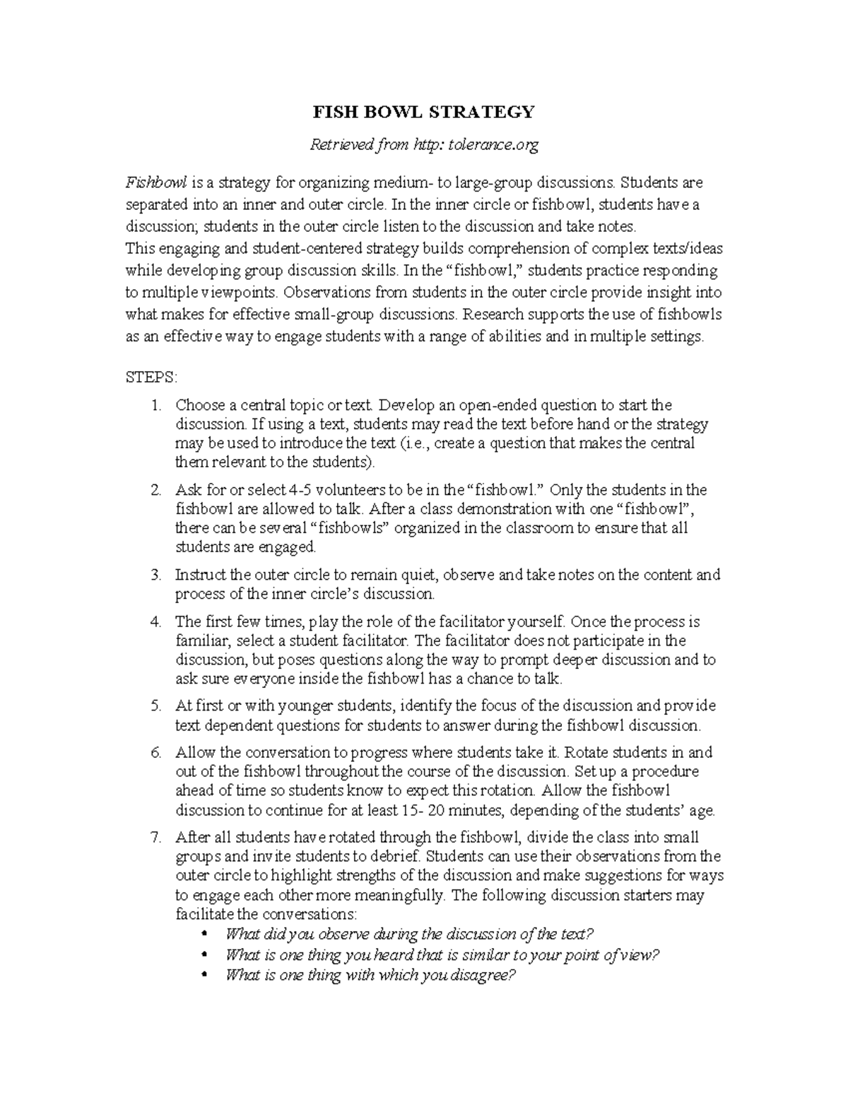 Fish-bowl-strategy (data gathering procedure) - FISH BOWL STRATEGY ...