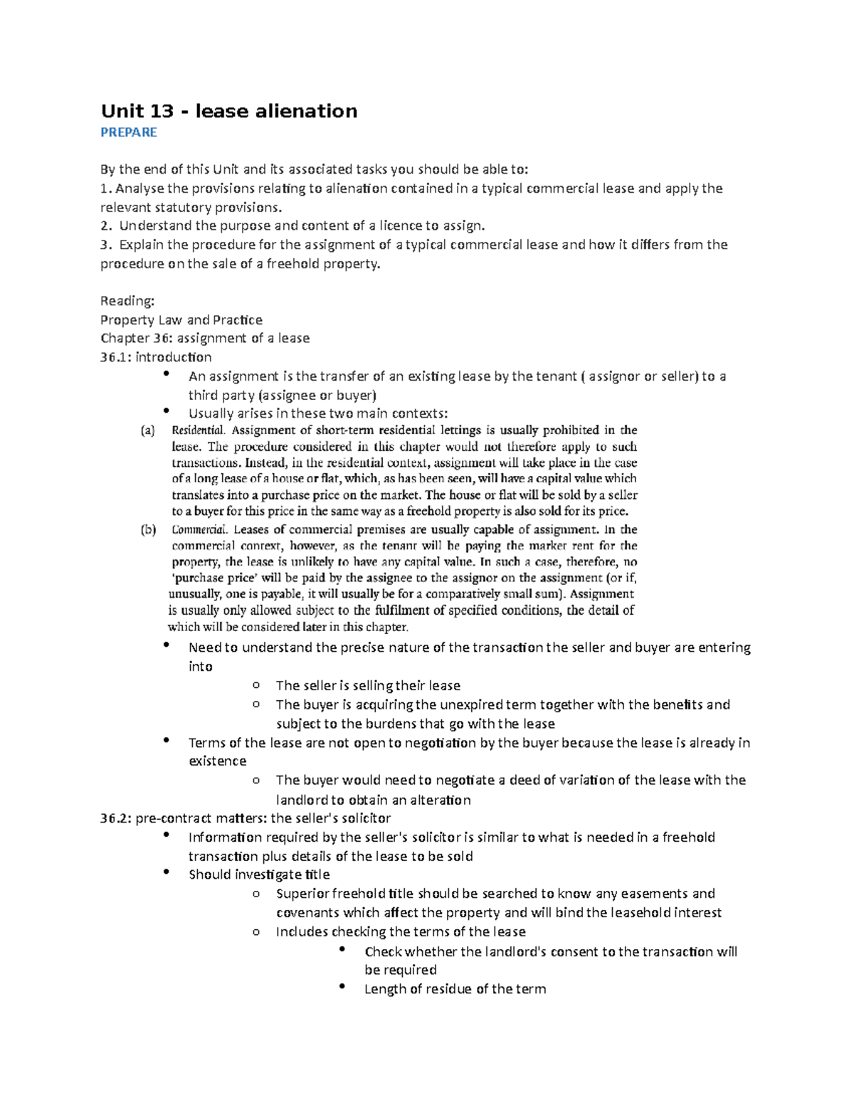 RE Unit 13 - Lecture notes 13 - Unit 13 - lease alienation PREPARE By ...