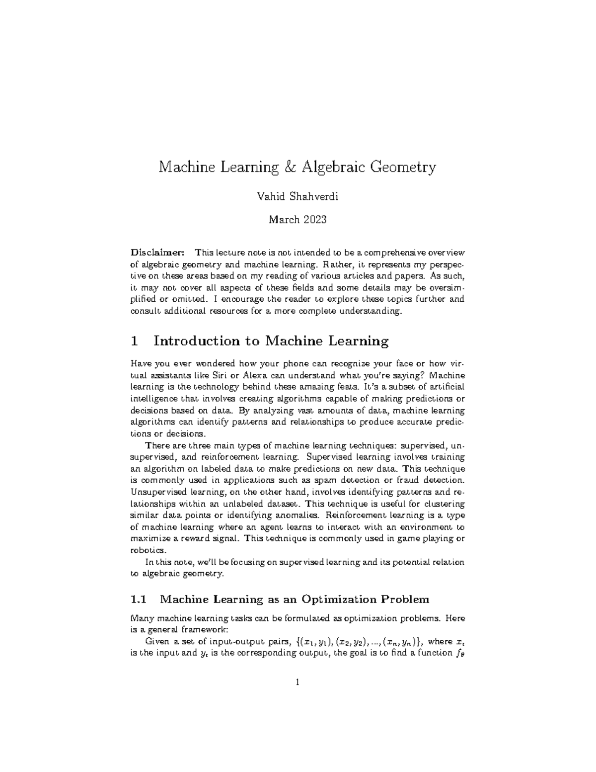 Intro to Machine Learning - Machine Learning & Algebraic Geometry Vahid Shahverdi March 2023 ...