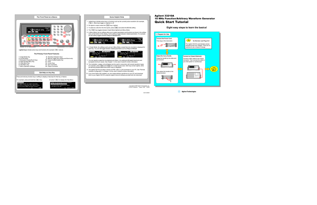 Gerador Funcoes Agilent 33210-Quick Start Tutorial - 1 Graph Mode Key 8 Waveform Selection Keys ...
