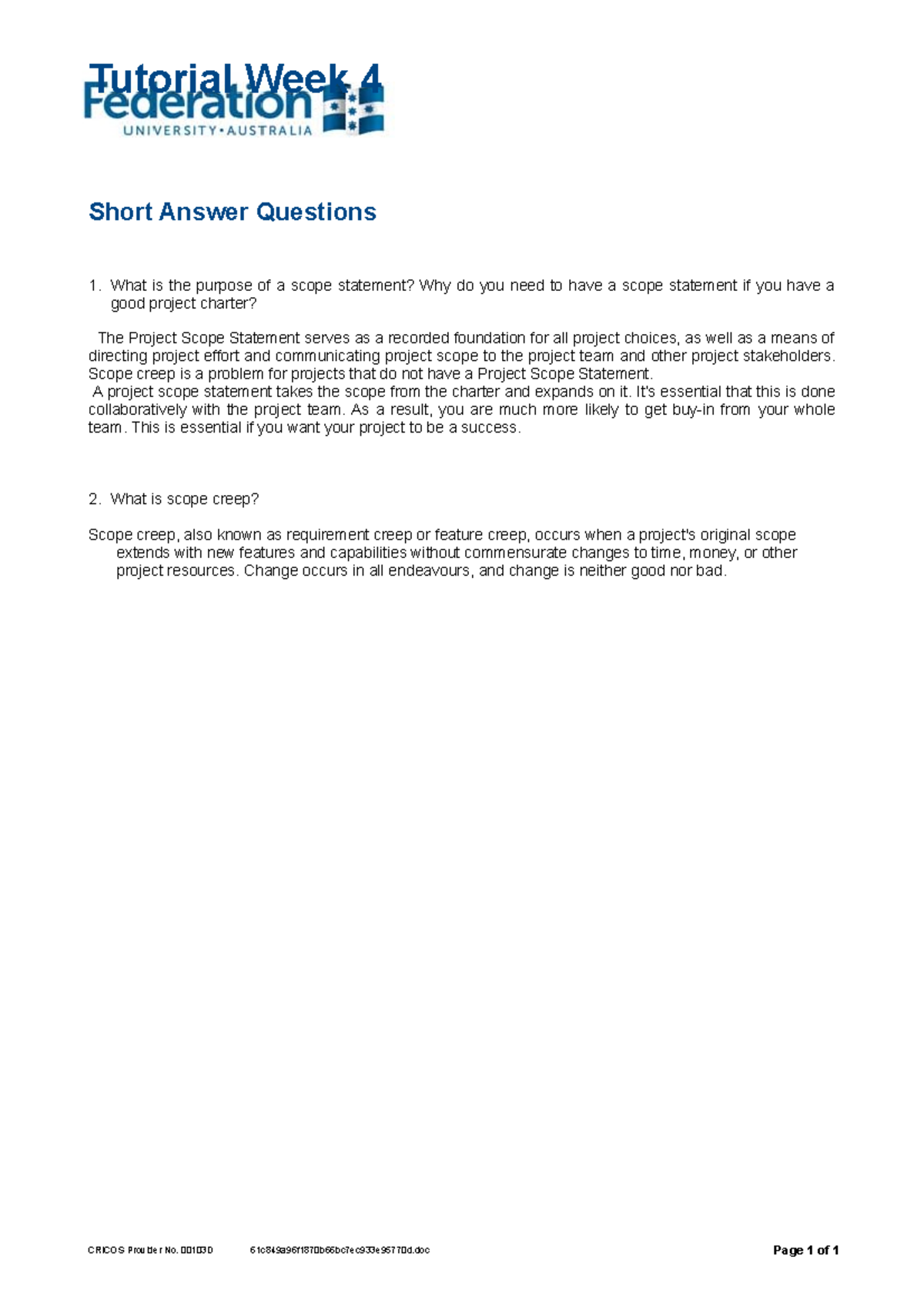 04 tutorial two question submission every week - Tutorial Week 4 Short ...