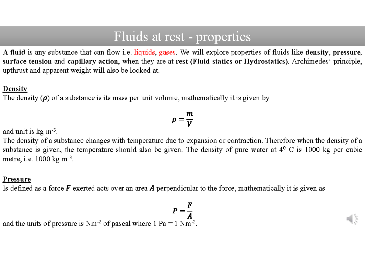 7. Hydrostatics-Density and Pressure, all notes - Fluids at rest ...