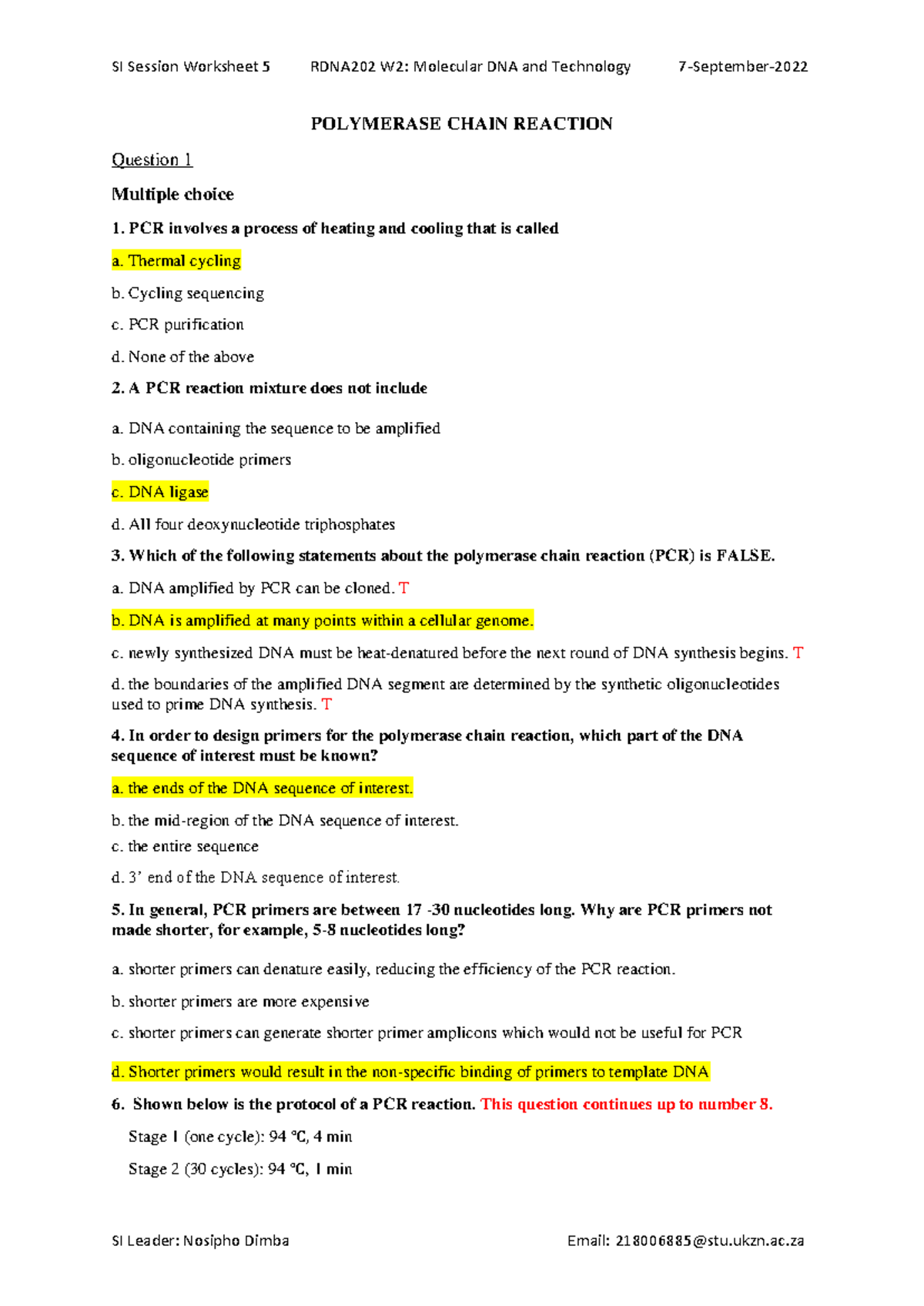 RDNA SI session 4 PCR memo - POLYMERASE CHAIN REACTION Question 1 ...