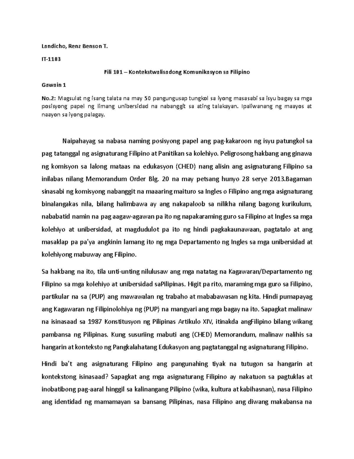 Gawain 1.50 Pangungusap. Renz Landicho - Landicho, Renz Benson T. IT ...