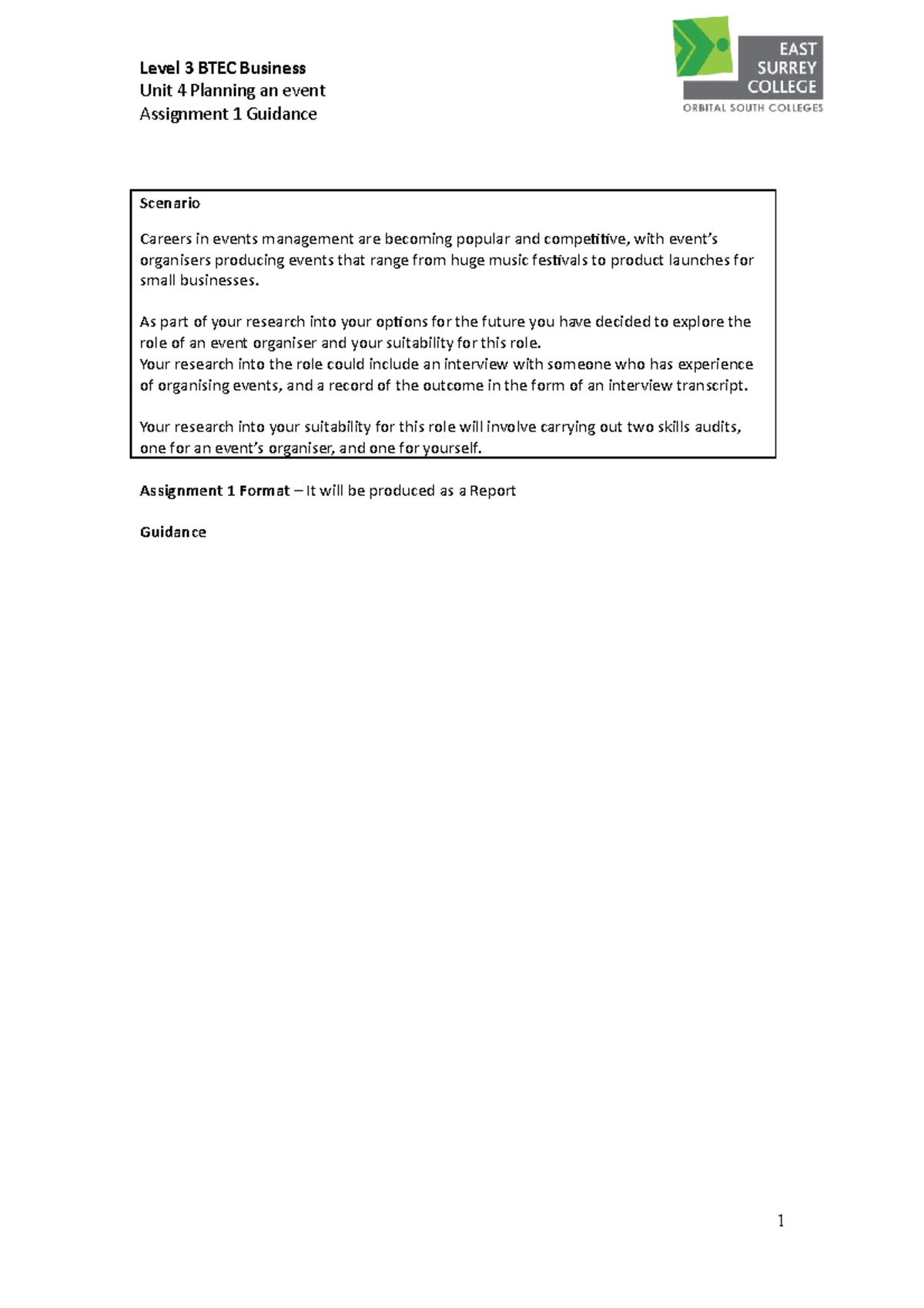 Assignment 1 helpsheet - Unit 4 Planning an event Assignment 1 Guidance ...